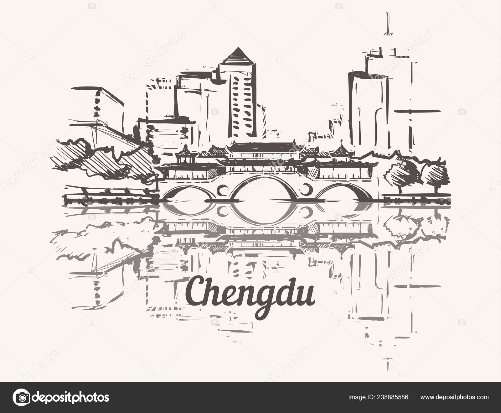 Chengdu Skyline Hand Drawn Anshun Bridge Dongmen Chengdu Sketch Style ...