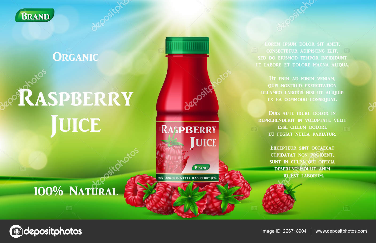 Raspberry juice bottle on green grass. fruit juice container package ad ...