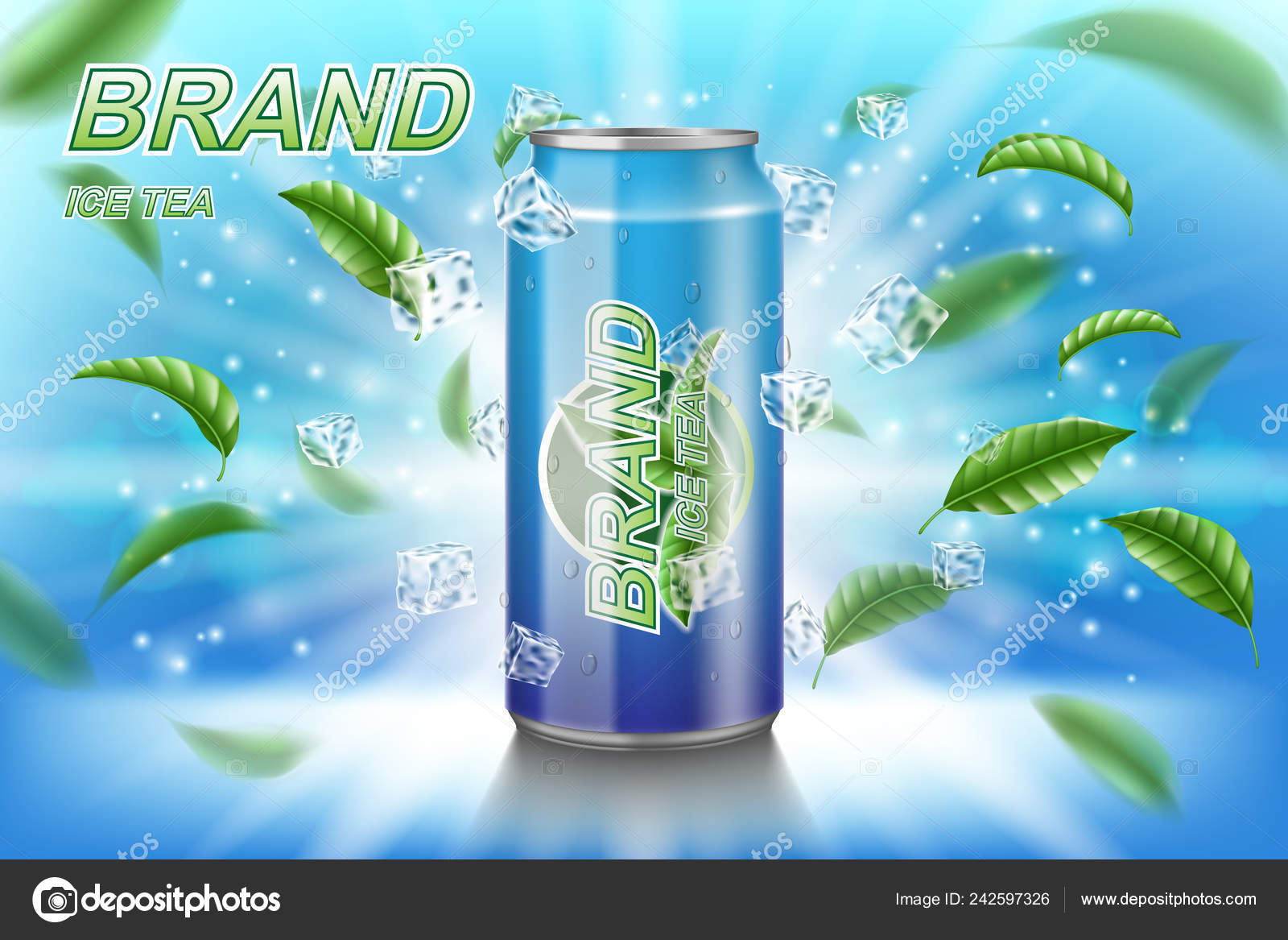 Ice tea label ads with green leaves on blue background. Package design ...