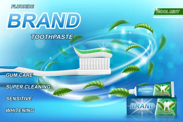 Whitening toothpaste ads, mint leaves background. Tooth model and ...