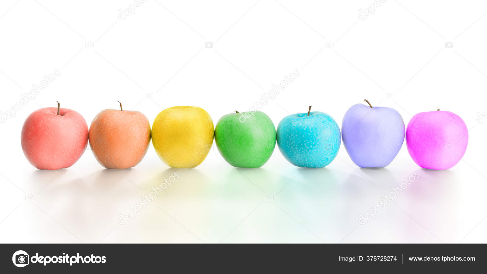 Row Different Rainbow Colored Apples Reflection Isolated White Clipping ...