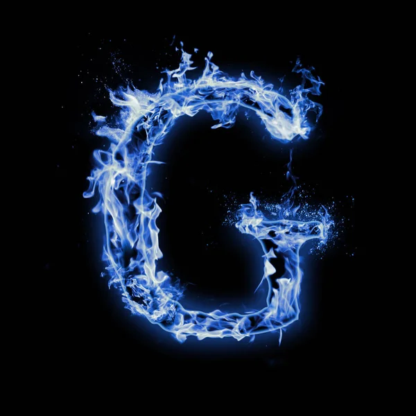 Letter G. Blue fire flames on black isolated background, realistic fire ...