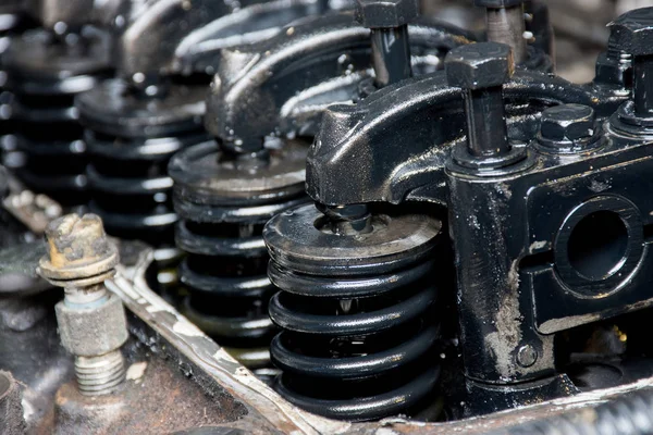 Details of a dirty diesel engine under the hood of an old car - Stock ...