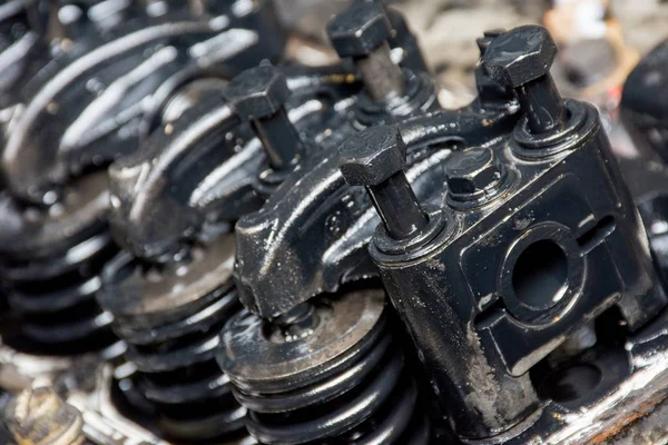 Details of a dirty diesel engine under the hood of an old car - Stock ...