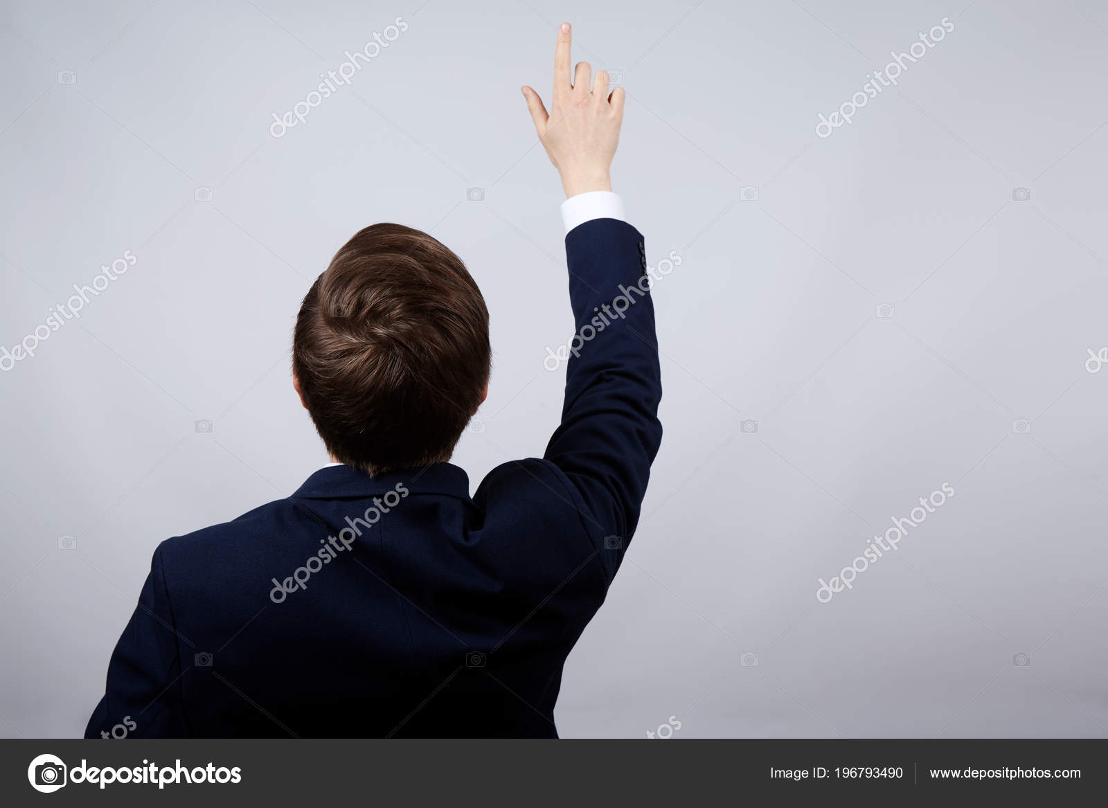 Man Wearing Suit Pointing Grey Studio Background Back View Business ...