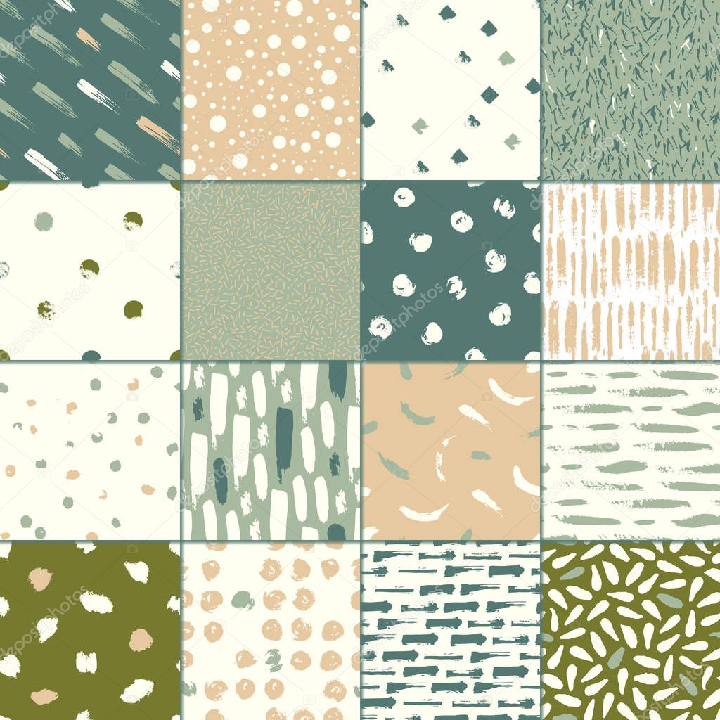 Set de 16 texturas sin costuras. Gotas, puntos, líneas, rayas, círculos ...