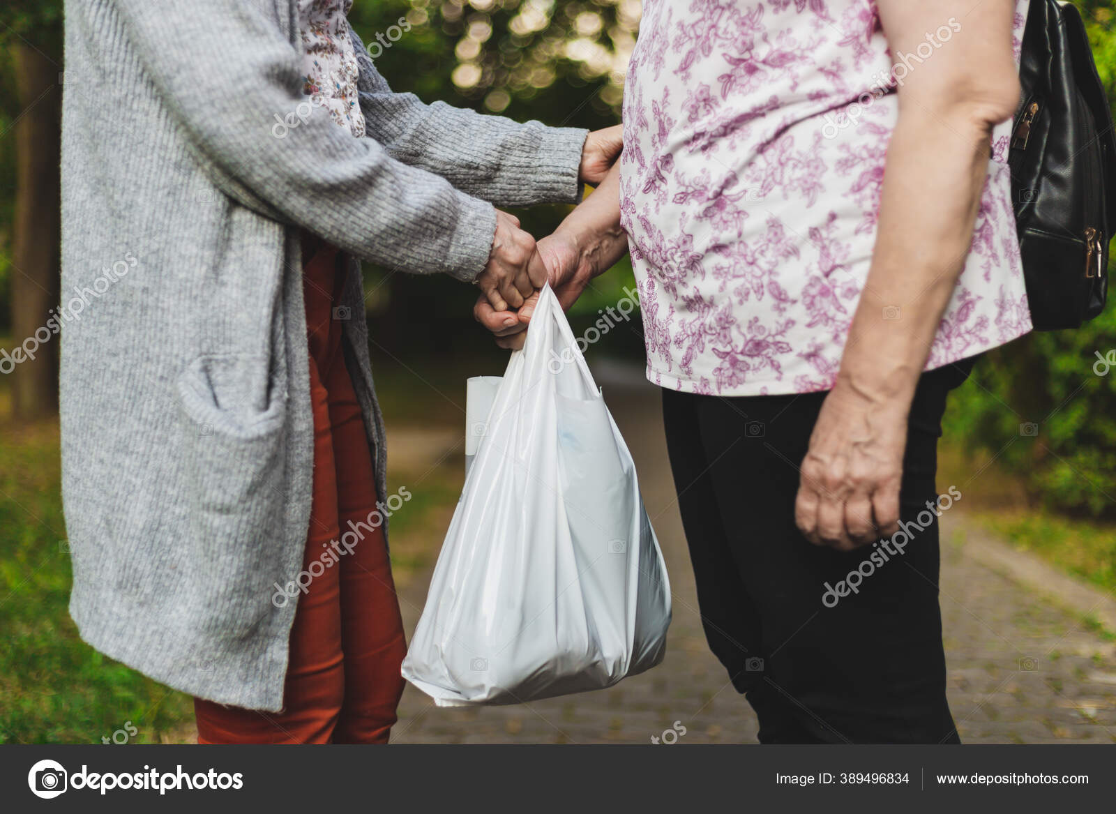 Young Woman Helping Senior Bag Park Sunny Day Female Caring Stock Photo ...
