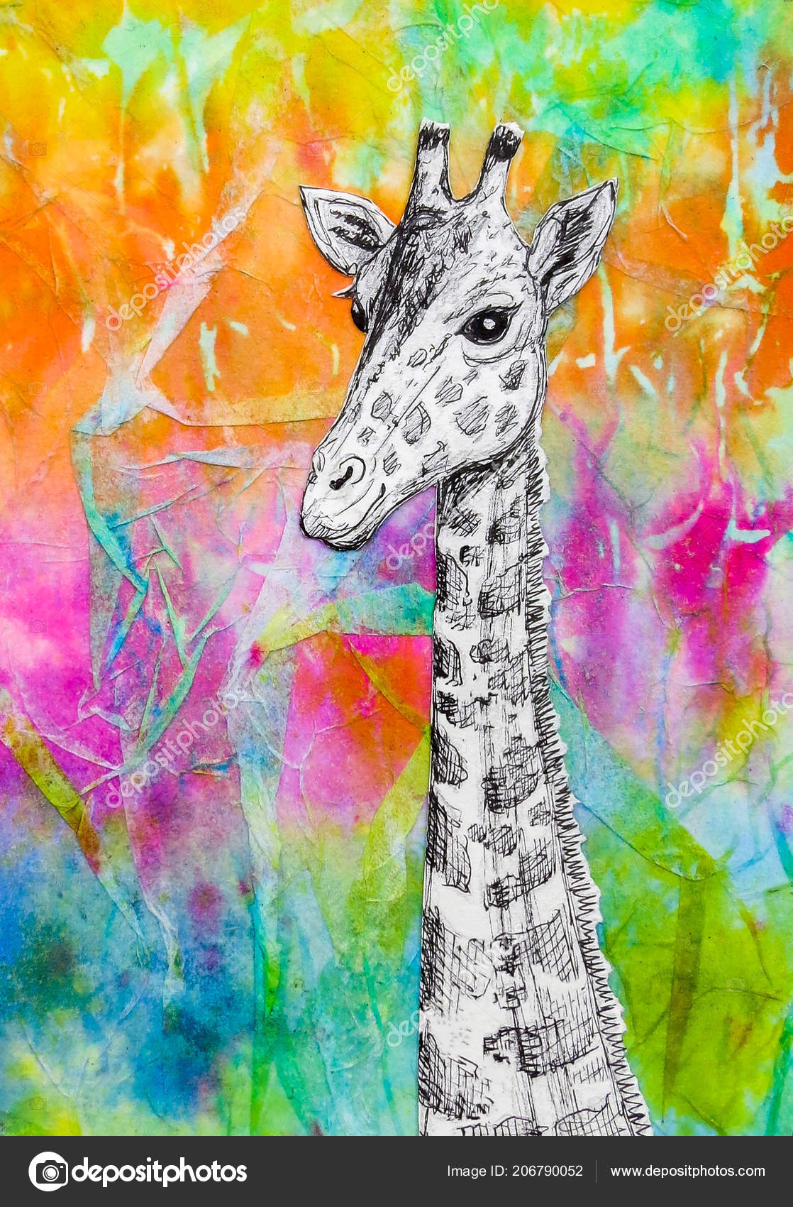 White giraffe drawing on bright rainbow colored background. Stock ...