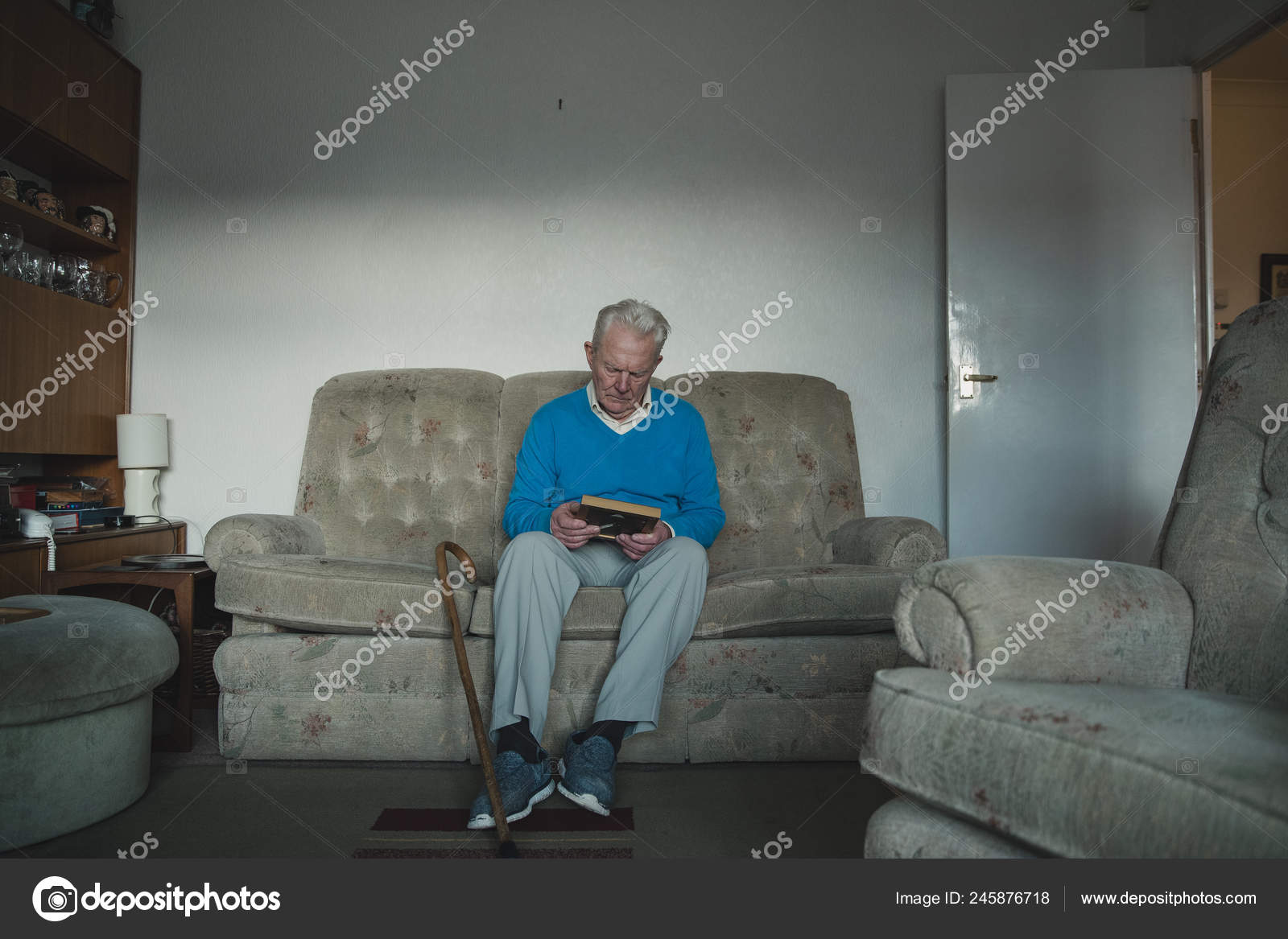 Senior Man Sitting Alone Living Room His Home Looking Old — Stock Photo ...