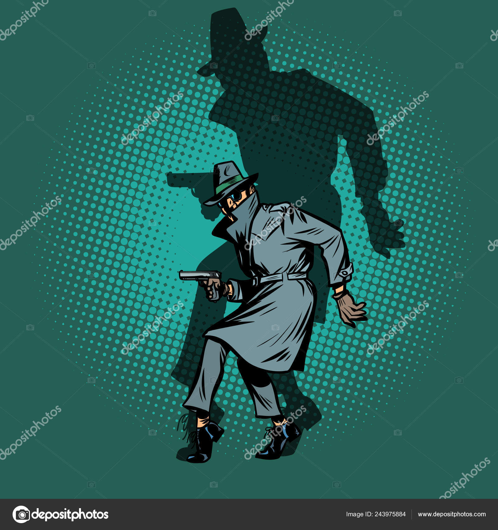 Shadow Noir. detective spy man with gun pose Stock Vector Image by ...