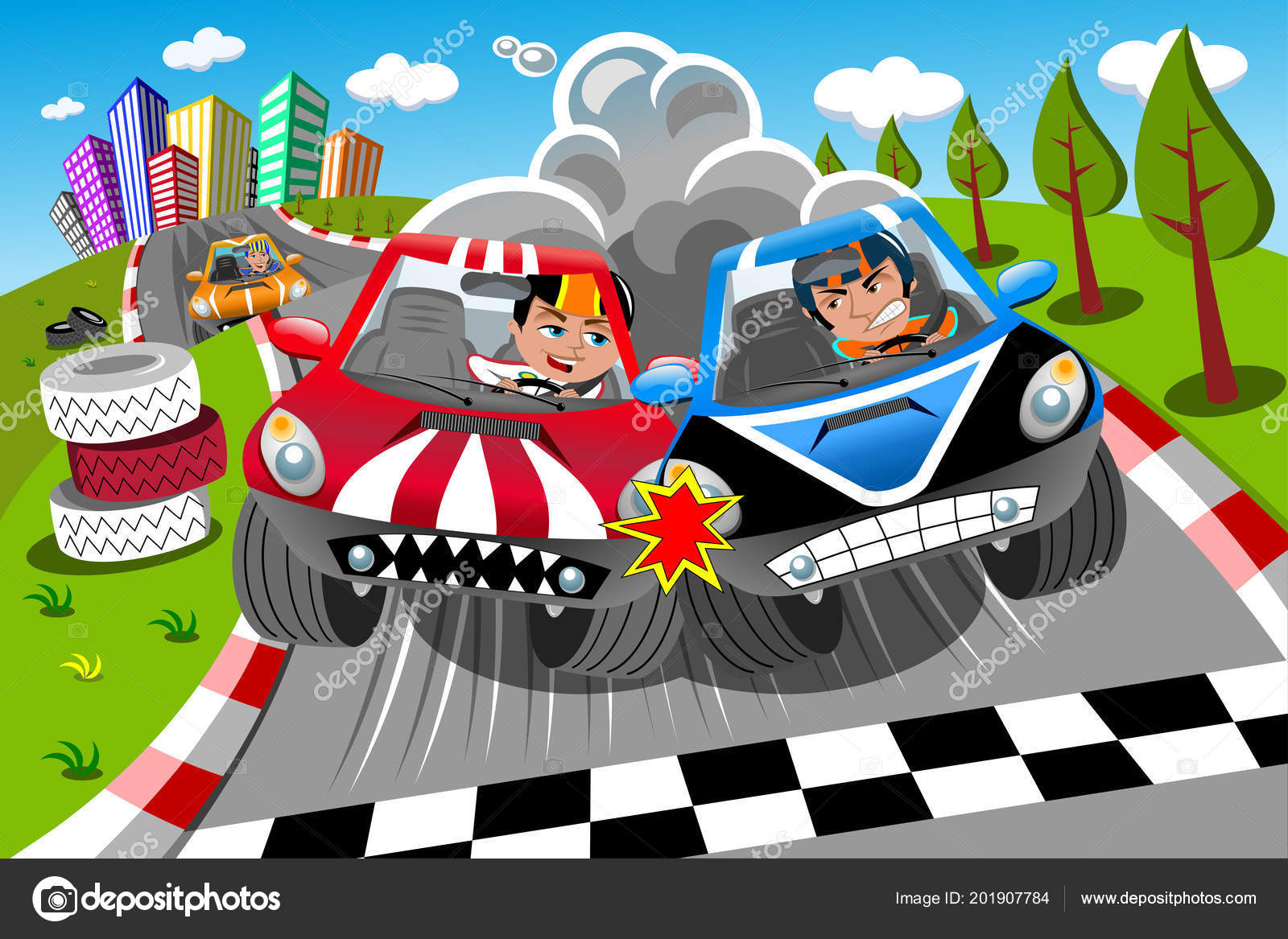 Cartoon Car Racing To The Finish Line