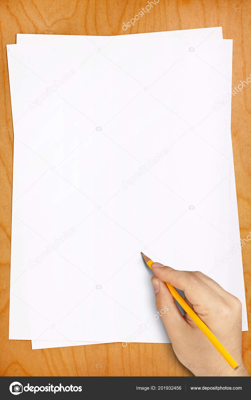 Top View Hand Writing Drawing Pencil Blank Paper Sheets Desktop Stock ...