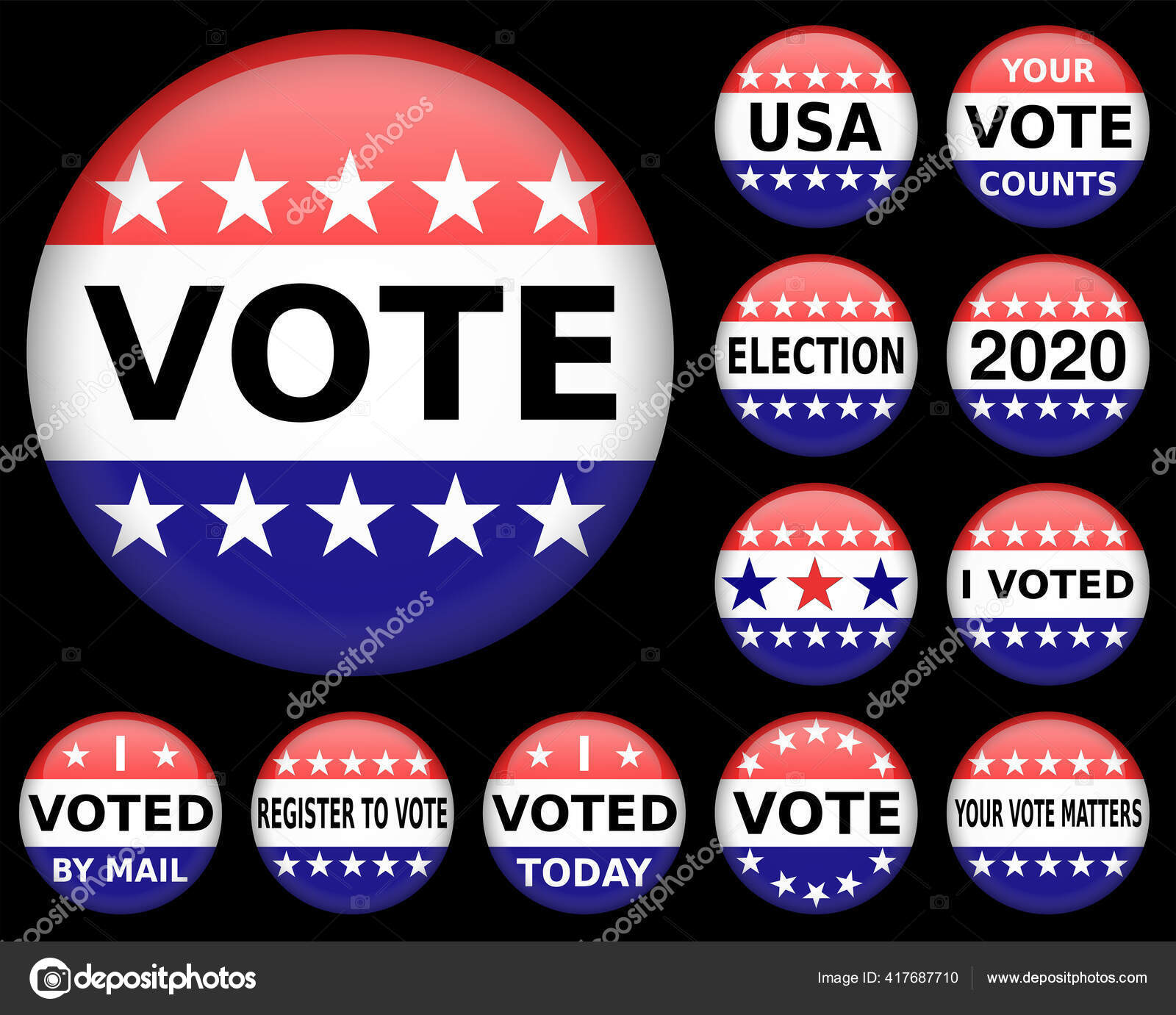 Collection Election Campaign Vote Pins Isolated Black Stock Vector ...