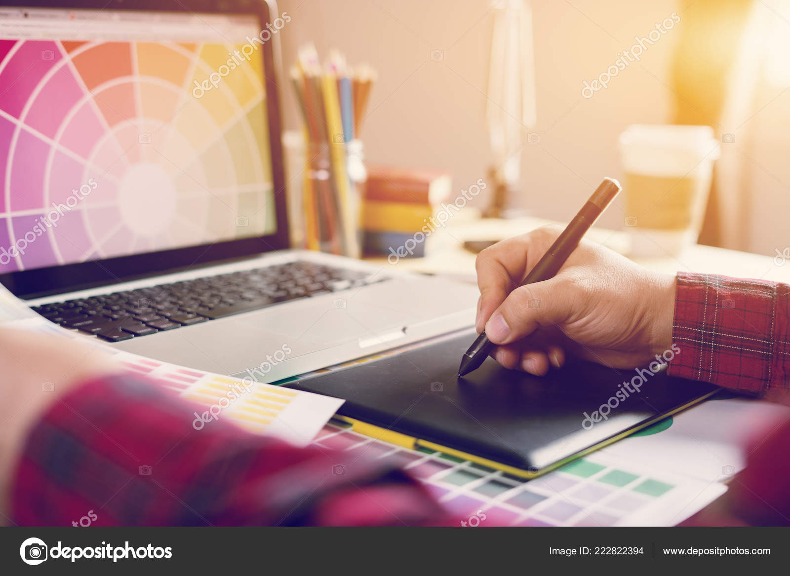 Graphic Designer Using Digital Tablet Color Graphic Laptop — Stock ...