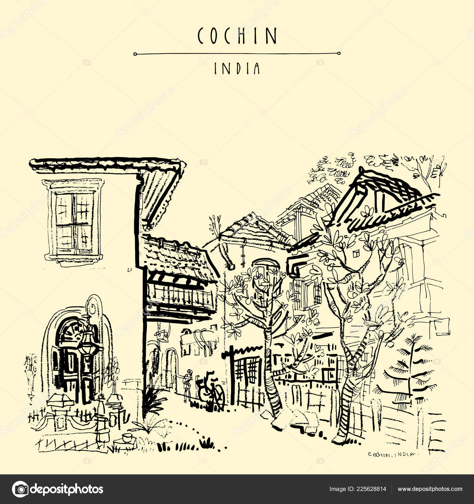 Old Houses Tropical Trees Cochin India Hand Drawn Travel Postcard Stock ...