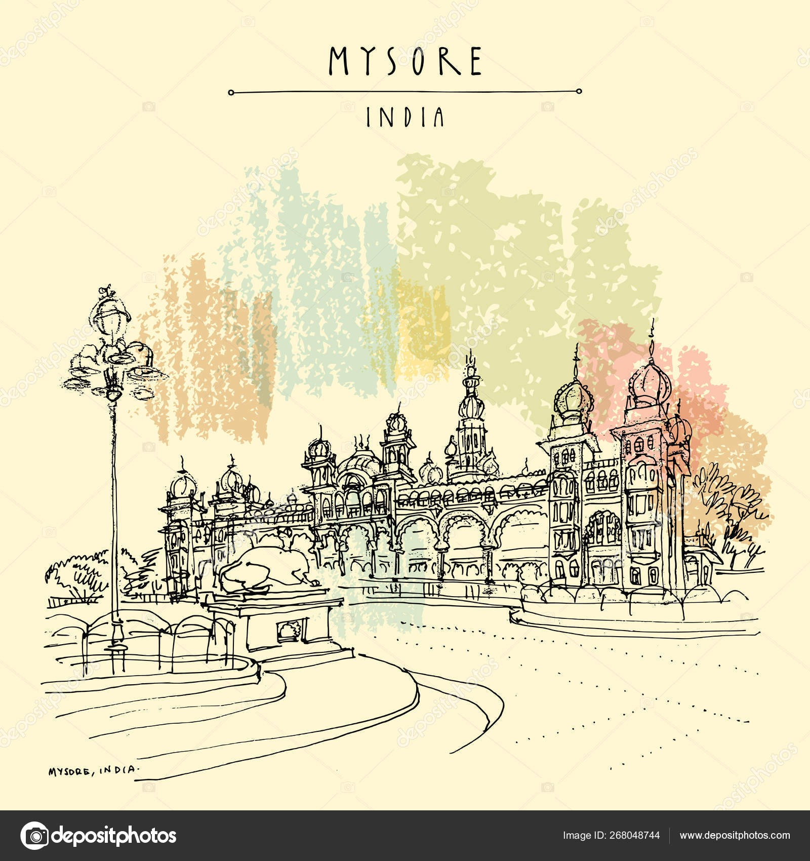 Mysore Mysuru Karnataka India Mysore Palace Travel Sketch Vintage Hand ...