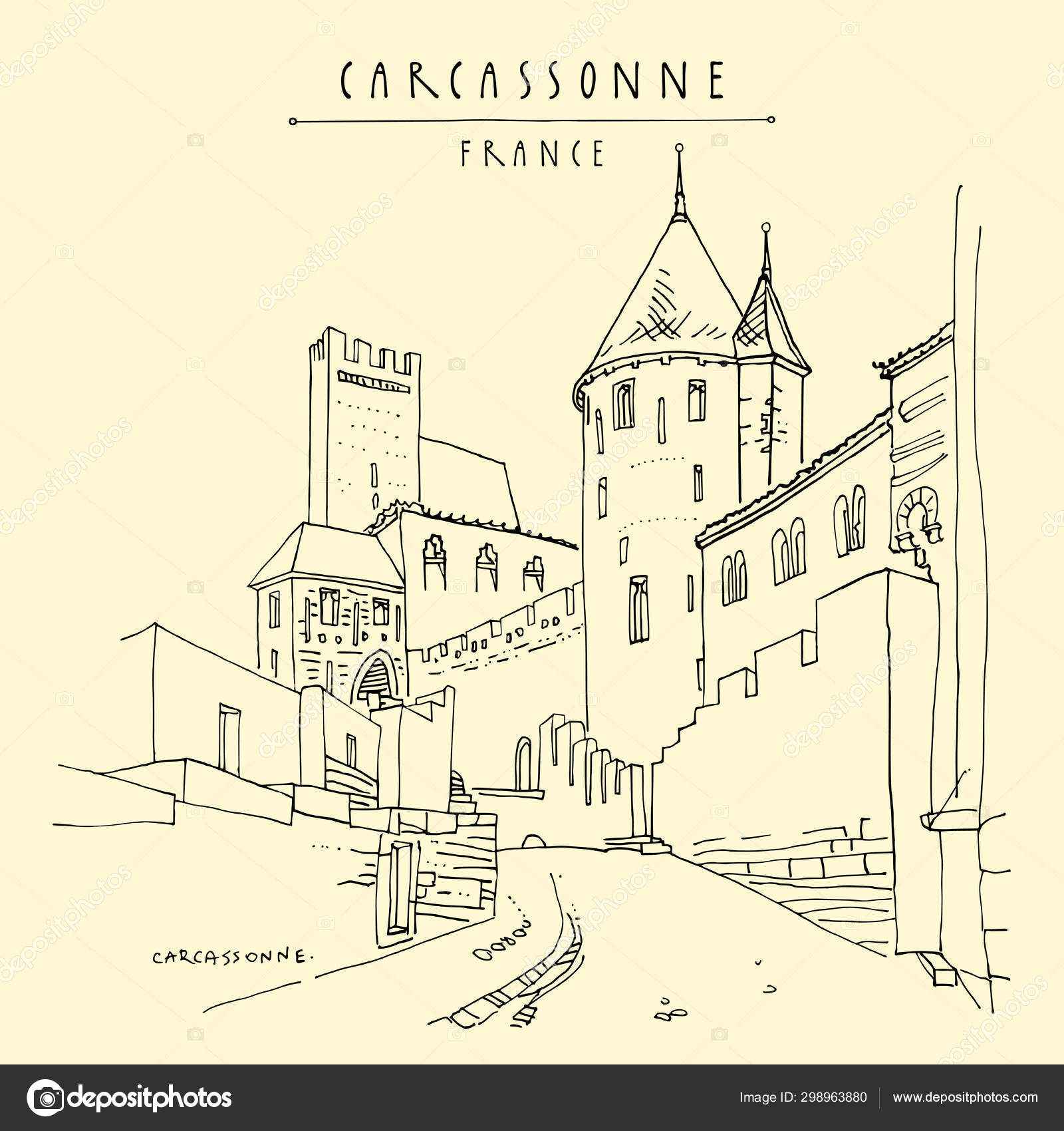 Image vectorielle Château de Carcassonne, France, Europe. Dessin à la main dans un style rétro ...