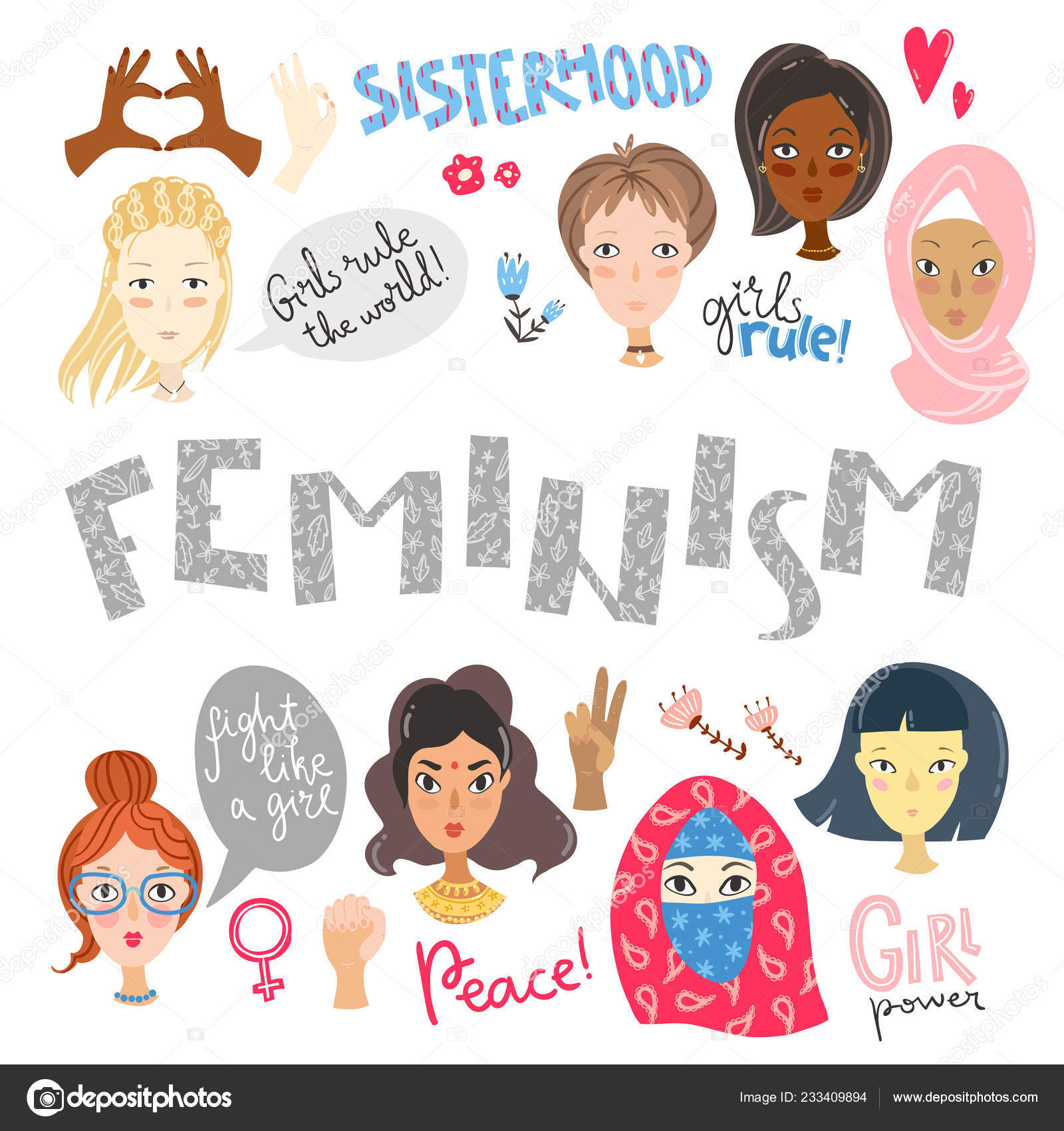 Femenism Collection Women Portraits Feminism Signs Symbols Hands