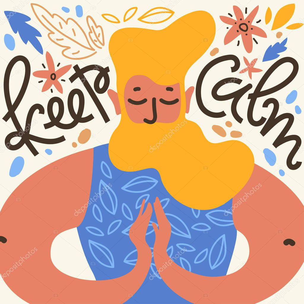 Cálmate. Ilustración vectorial con hombre meditado con la barba en pose ...