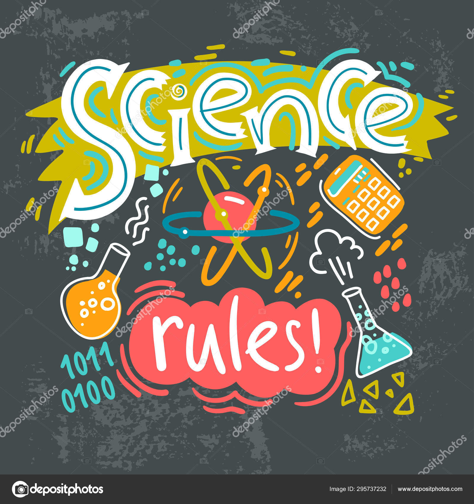 Science rules. Lettering composition with symbols and elements. Stock ...
