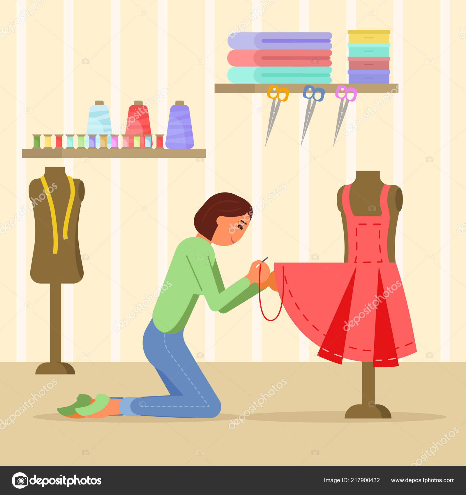 Woman Sewing Dress Vector Illustration In Flat Style Stock Vector Image