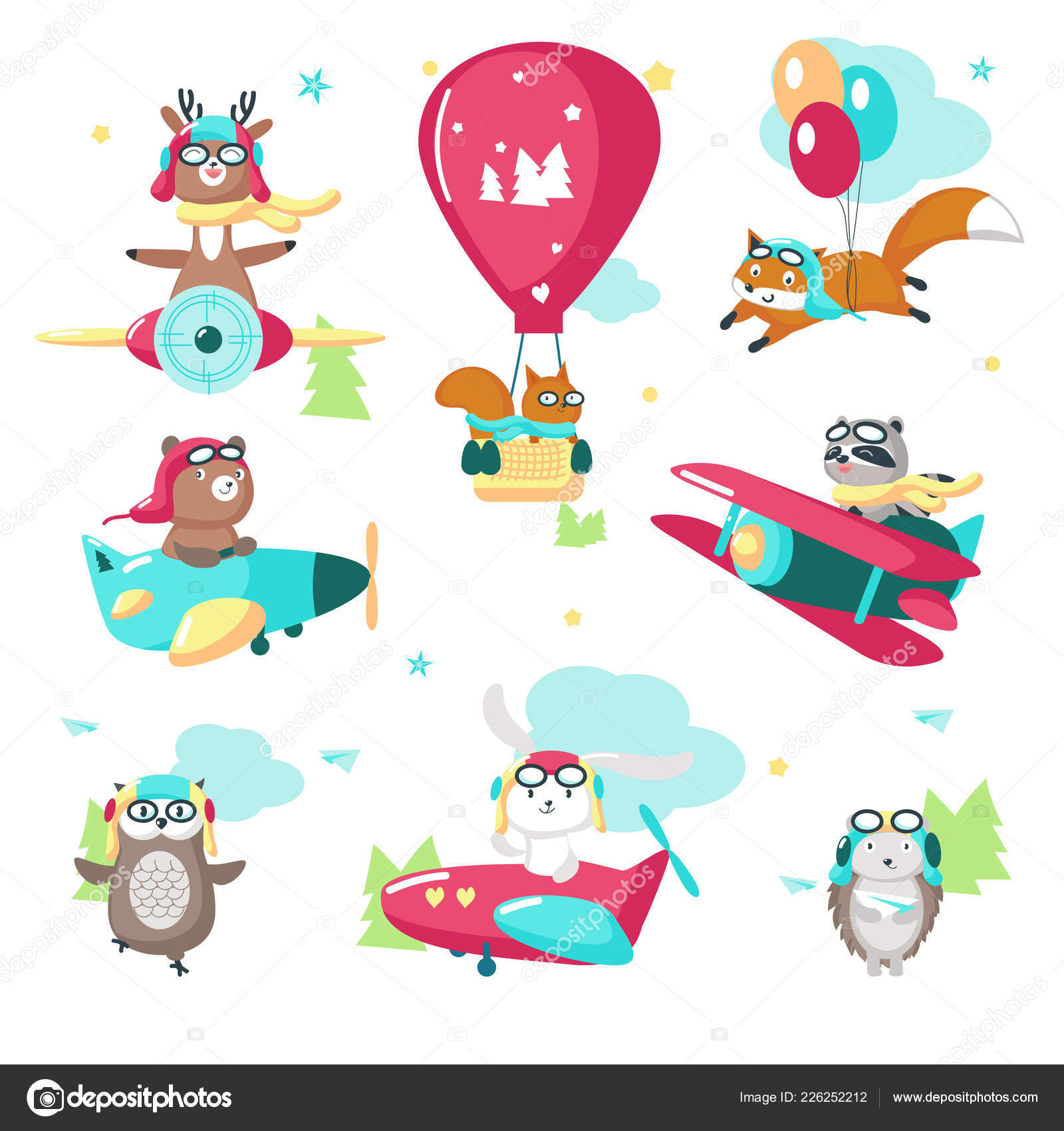 Cute funny pilot animals vector isolated illustration — Stock Vector ...