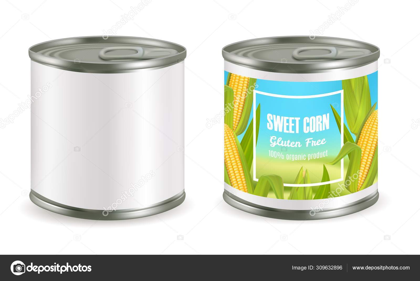 Conjunto de mockup de pacote de milho enlatado, ilustração realista ...