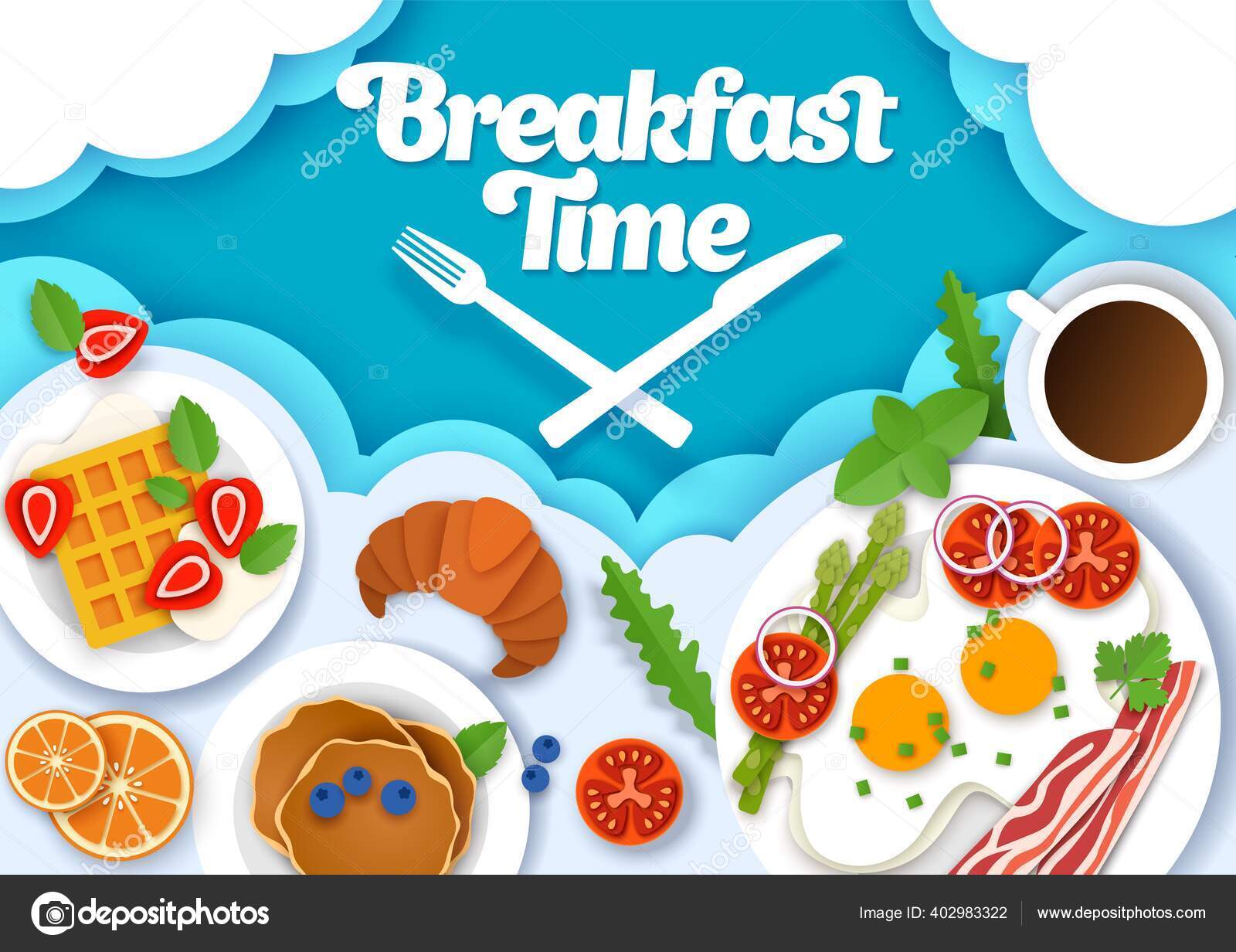 Breakfast time poster banner template, vector paper cut style top view ...