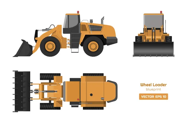 Outline drawing of wheel loader on white background. Top, side and ...