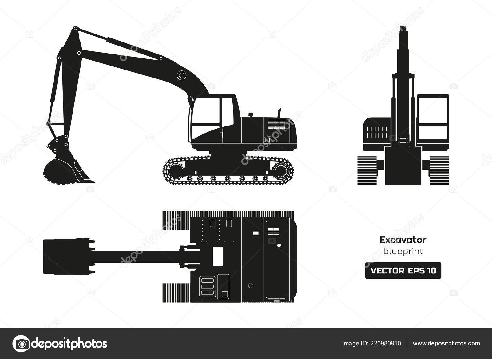 Black silhouette of excavator on white background. Top, side and front ...