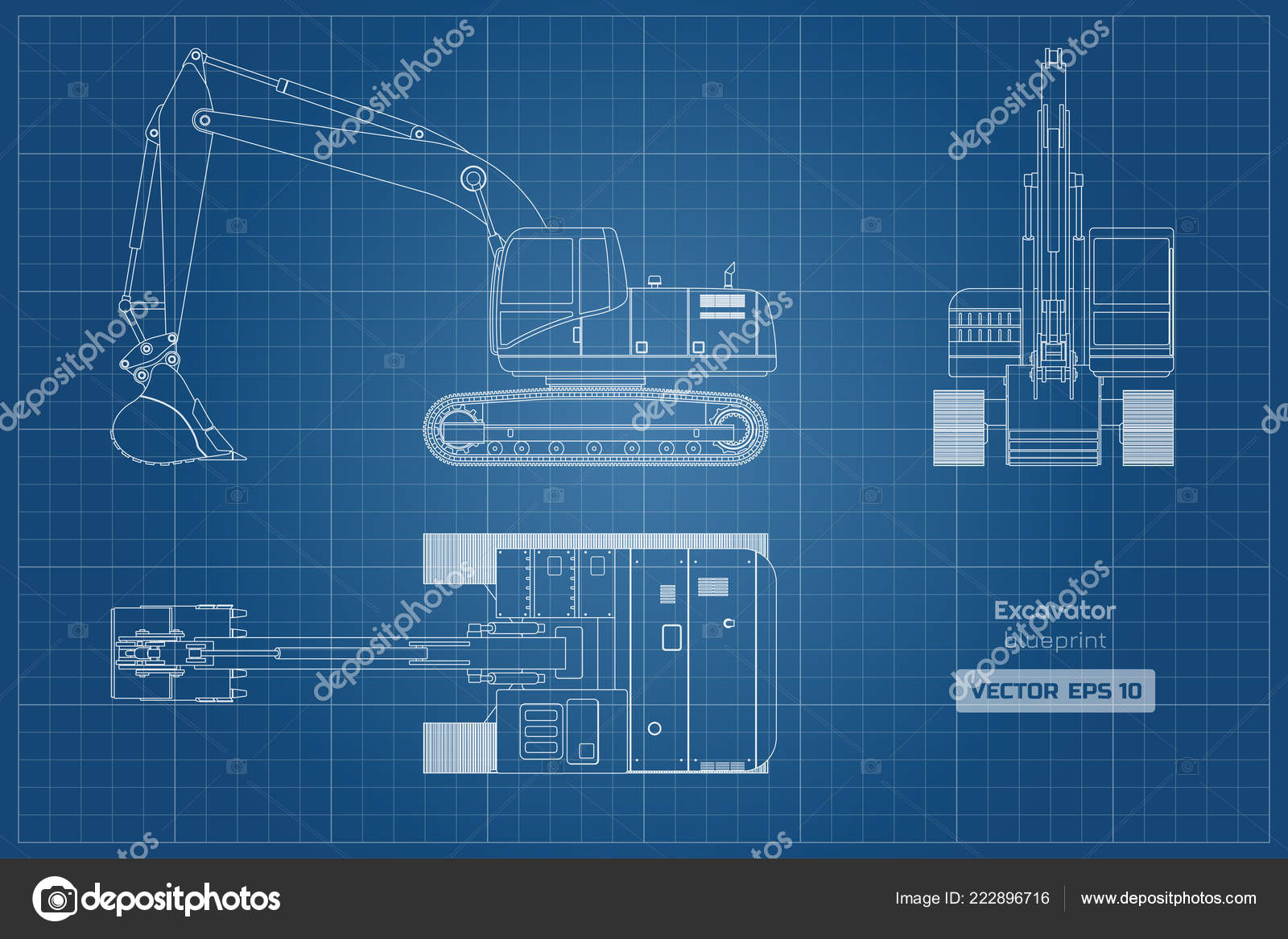 Blueprint of excavator on white background. Top, side and front view ...