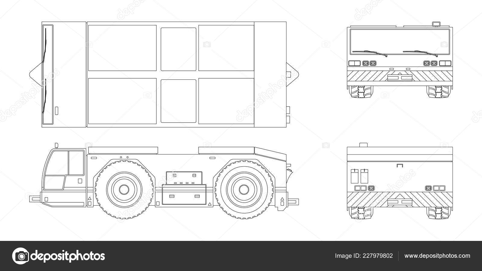 Airplane towing vehicle in outline style. Front, side, top and back ...