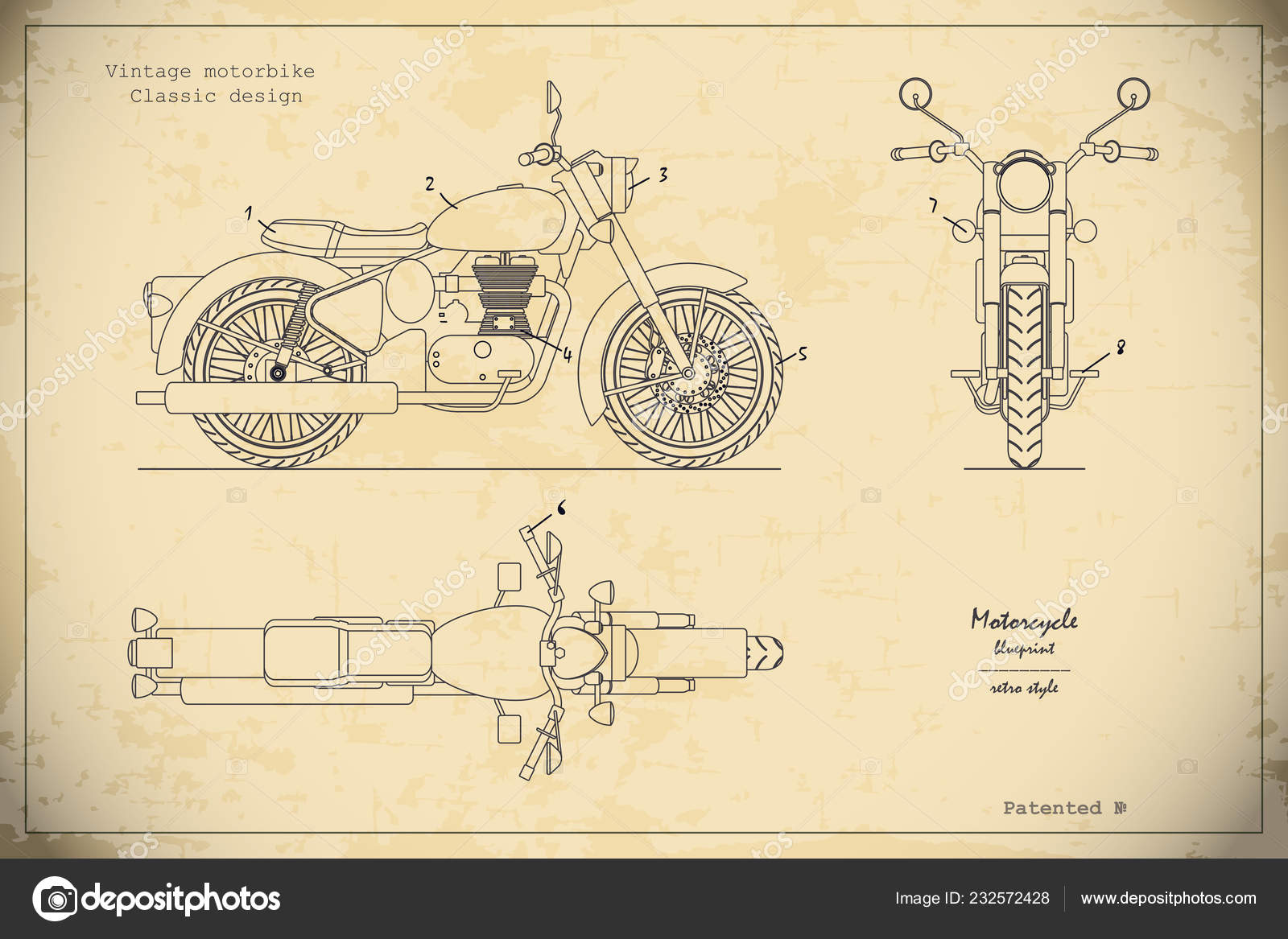 Blueprint of retro classic motorcycle in outline style. Side, top and ...