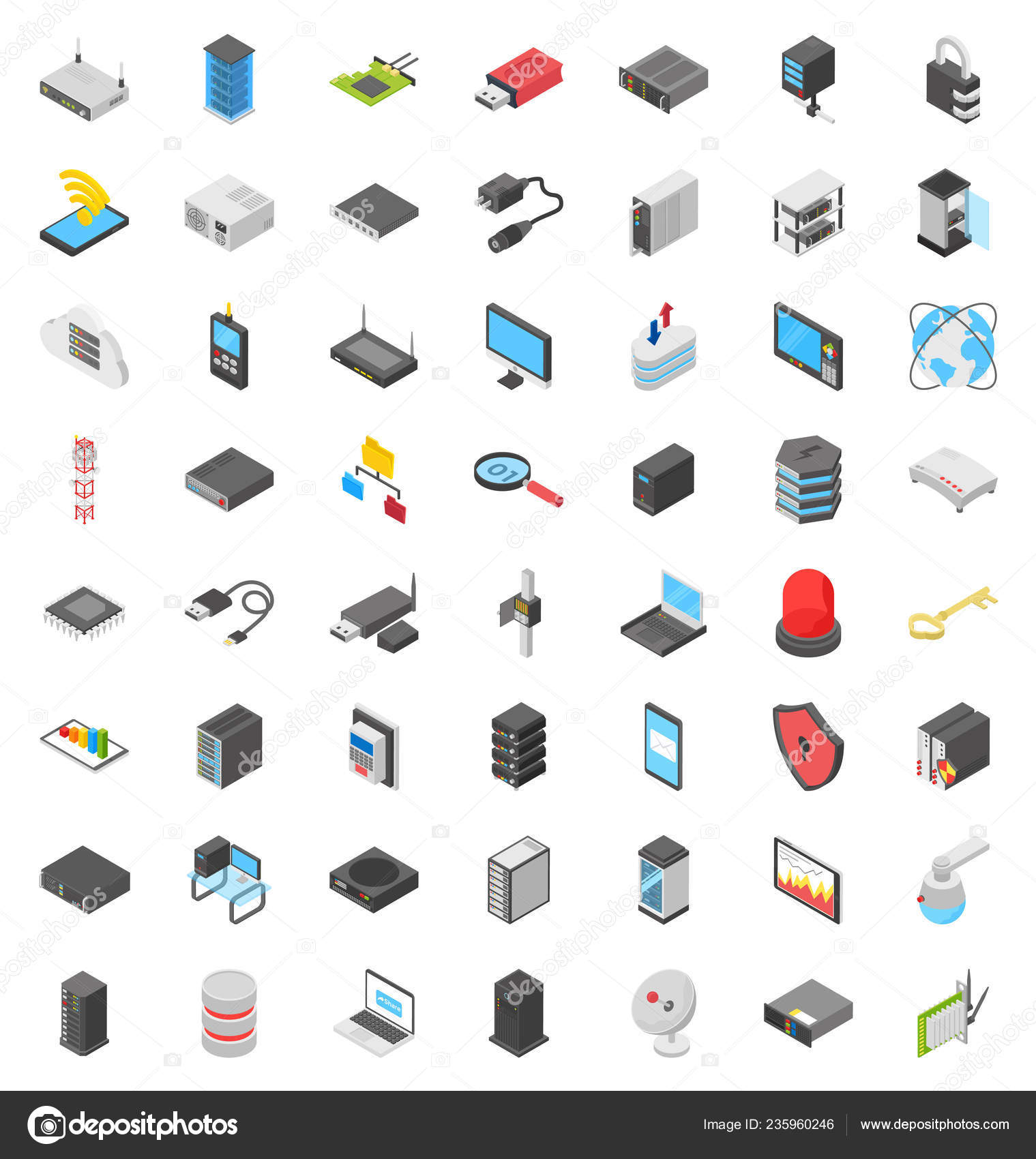 Colored Outline Set Isometric Network Data Center Connection Devices ...