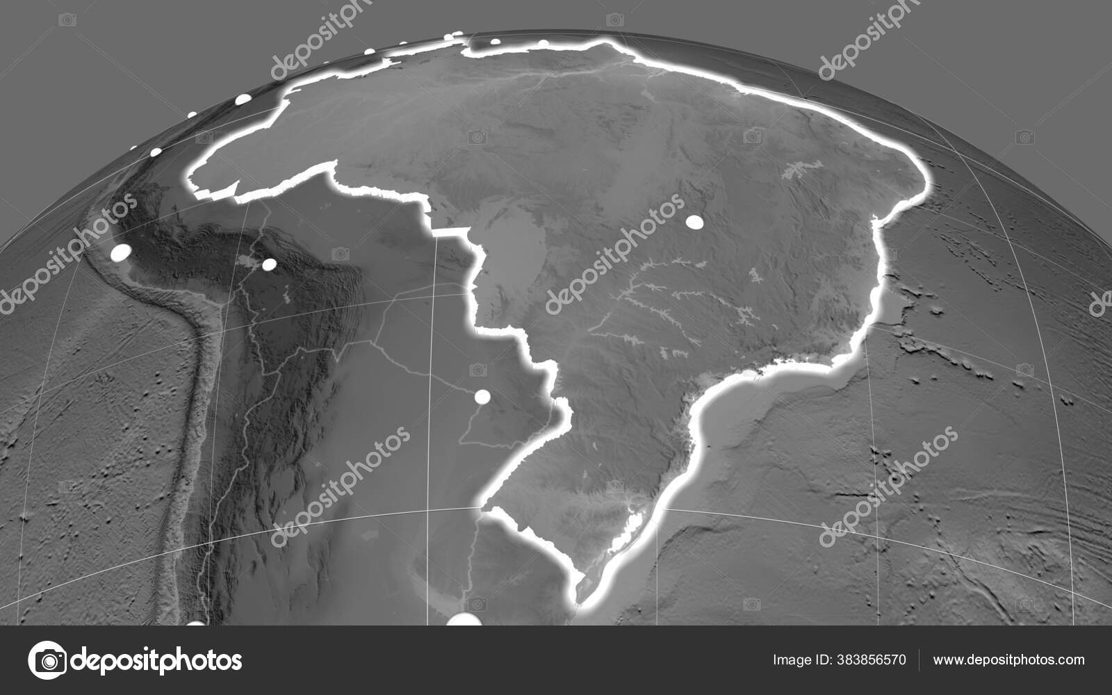 Brésil Extrudé Sur Carte Orthographique Niveaux Gris Capital Frontières ...