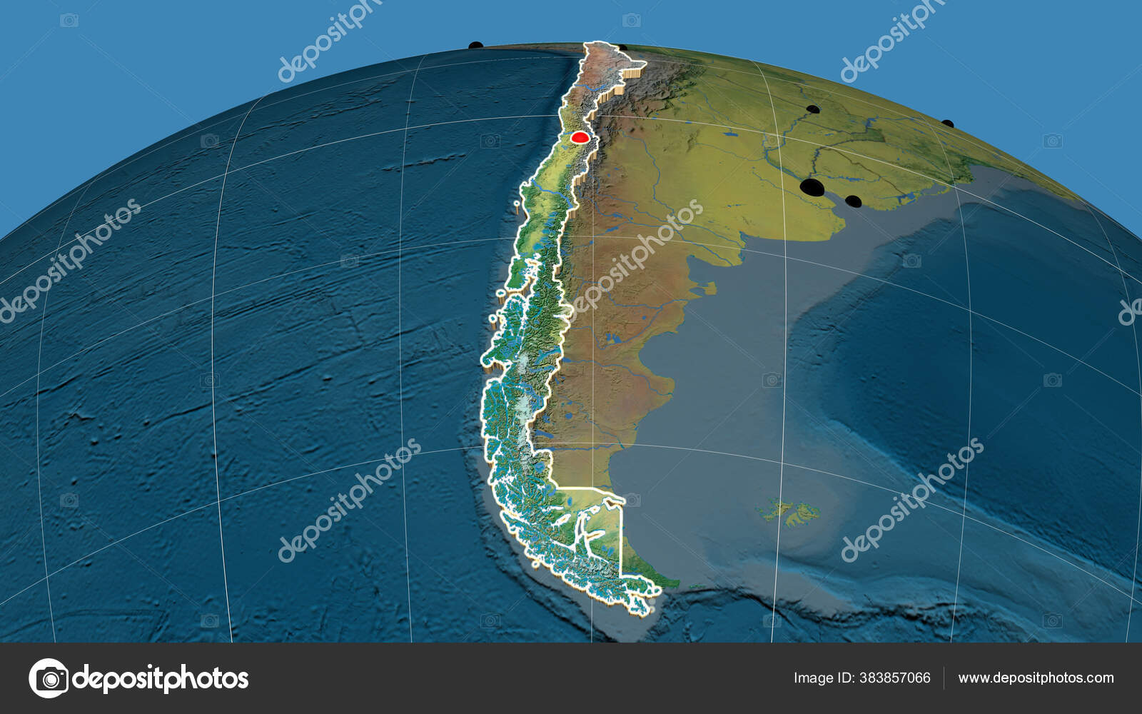 Chile Extruded Topographic Orthographic Map Capital Administrative Borders Graticule — Stock ...
