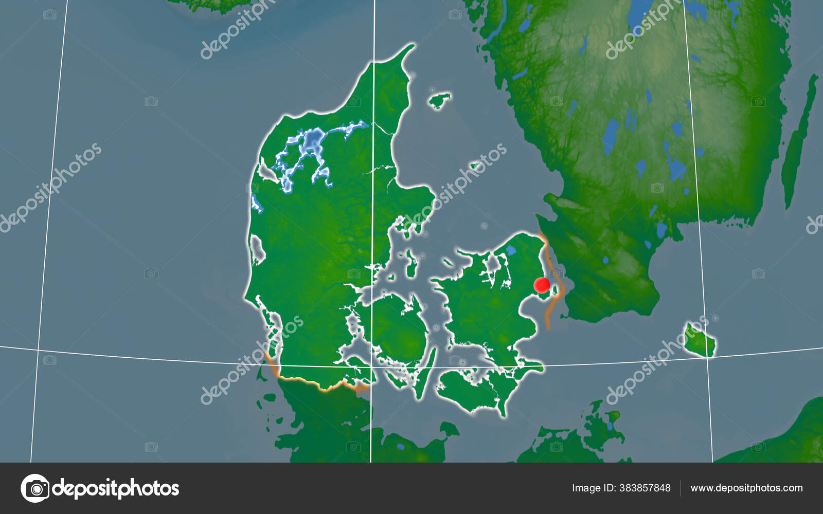 Denmark Outlined Physical Orthographic Map Capital Administrative ...