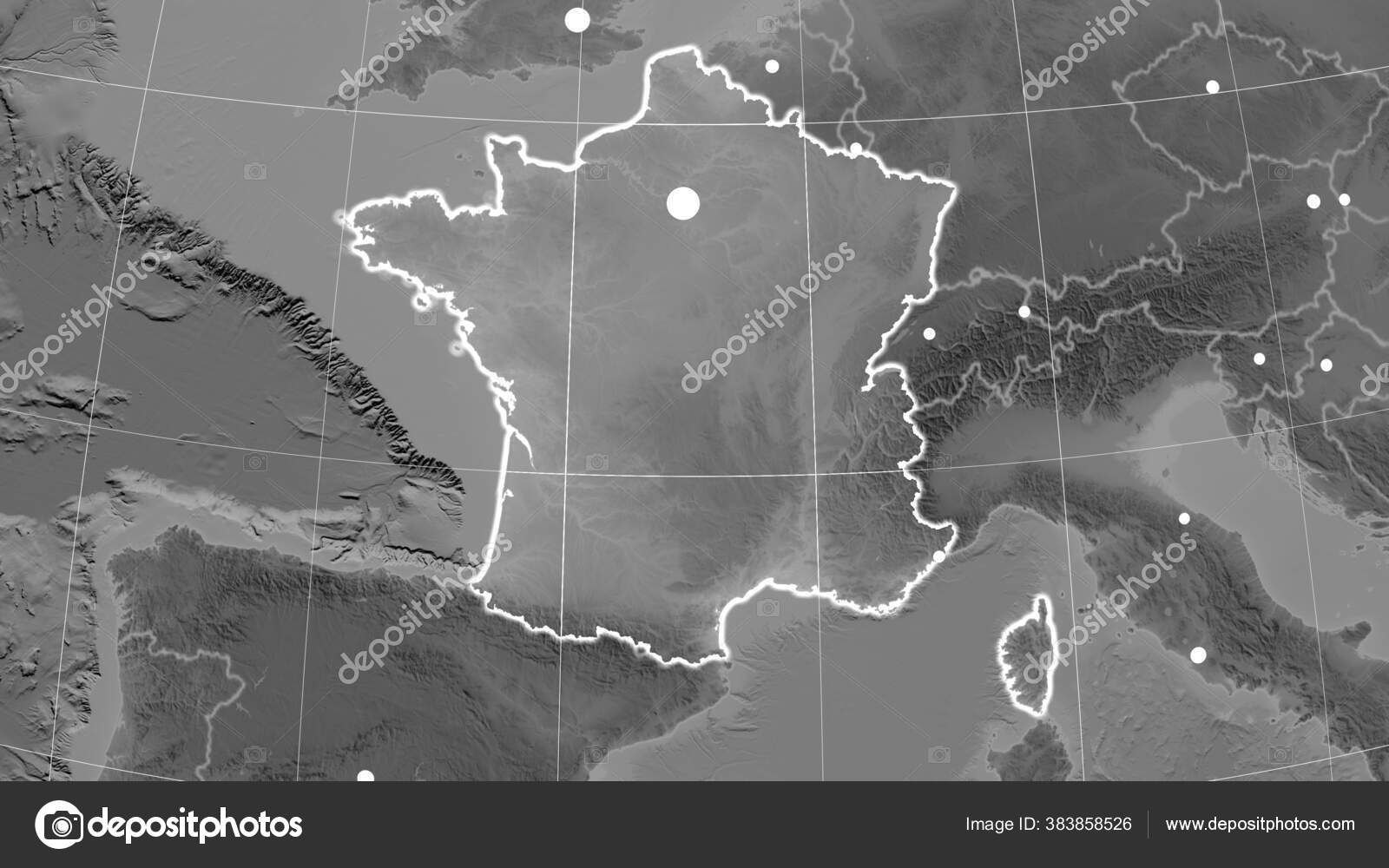 France Outlined Grayscale Orthographic Map Capital Administrative ...