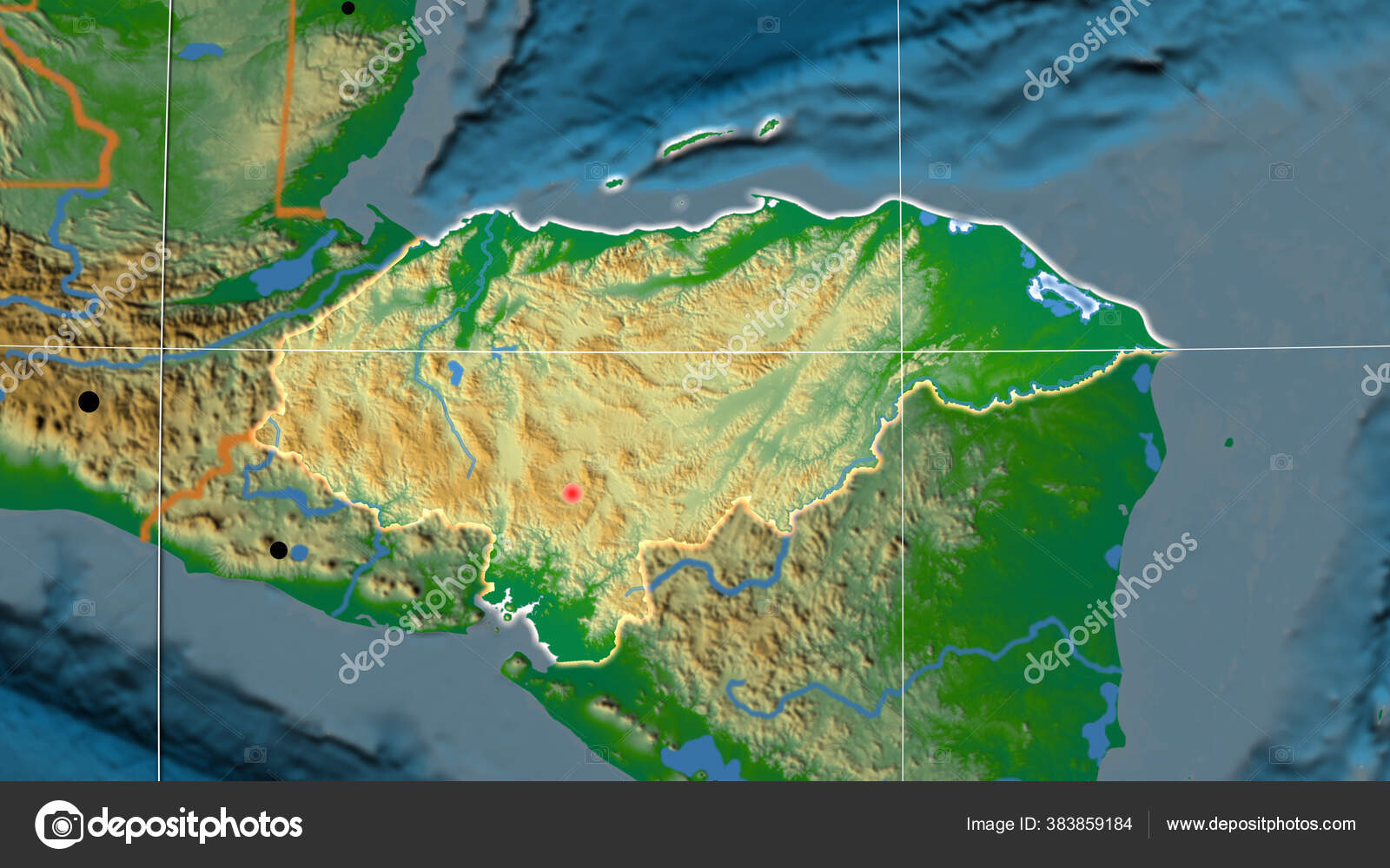 Honduras Outlined Physical Orthographic Map Capital Administrative Borders Graticule — Stock ...