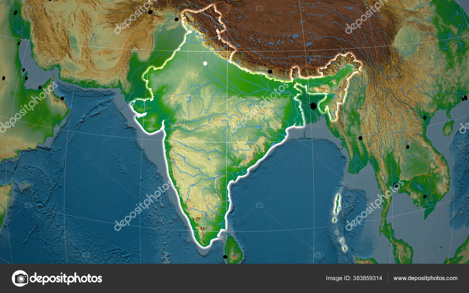 India Outlined Physical Orthographic Map Capital Administrative Borders ...