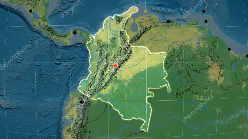 Colombia esbozó en el mapa topográfico ortográfico. Capital, fronteras ...