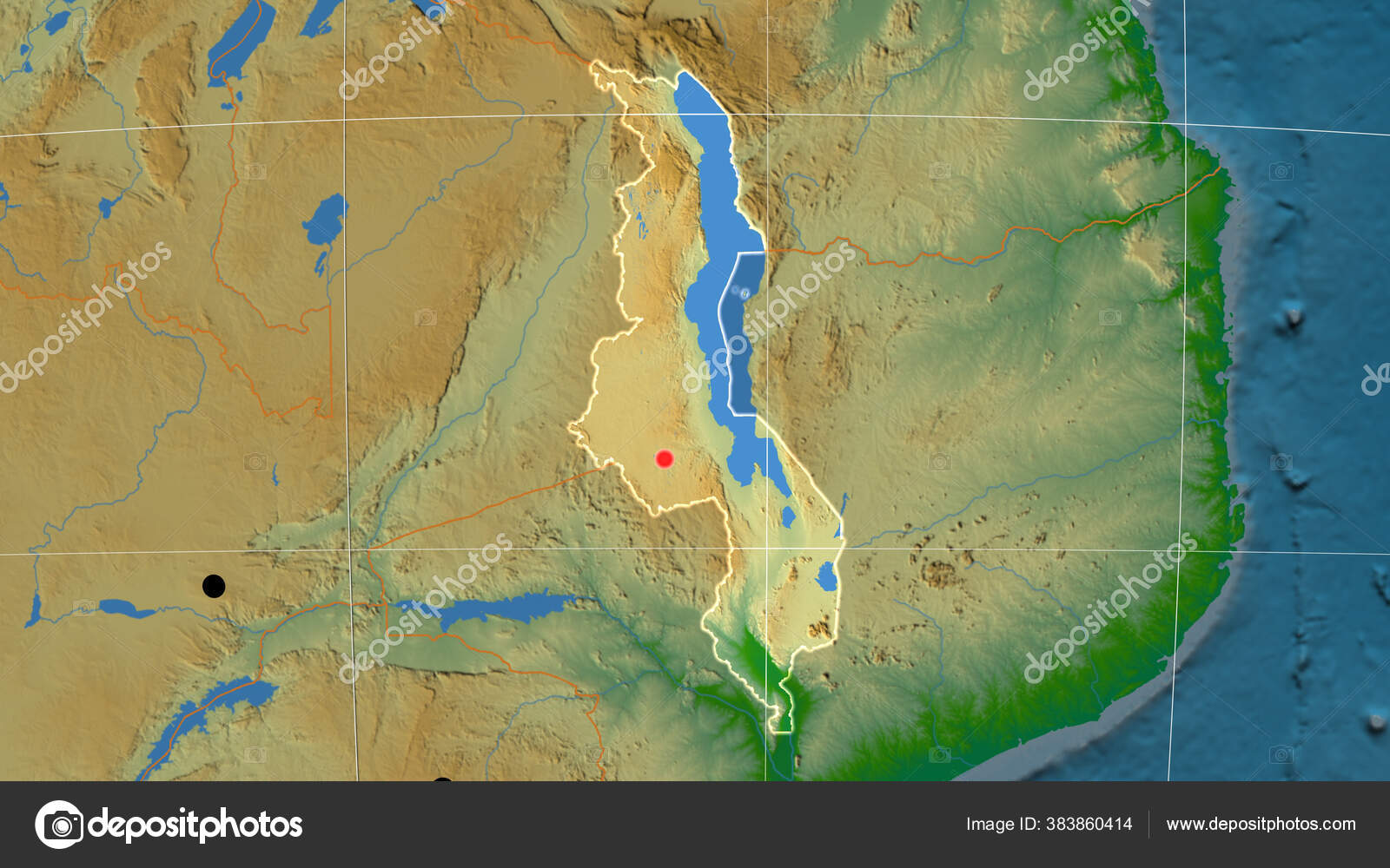 Malawi Outlined Physical Orthographic Map Capital Administrative ...