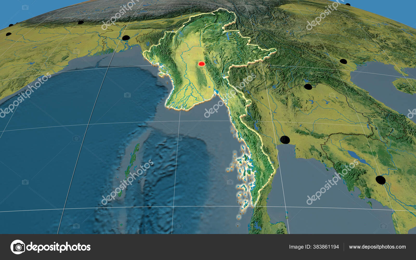 Myanmar Extruido Mapa Ortográfico Topográfico Capital Fronteras ...