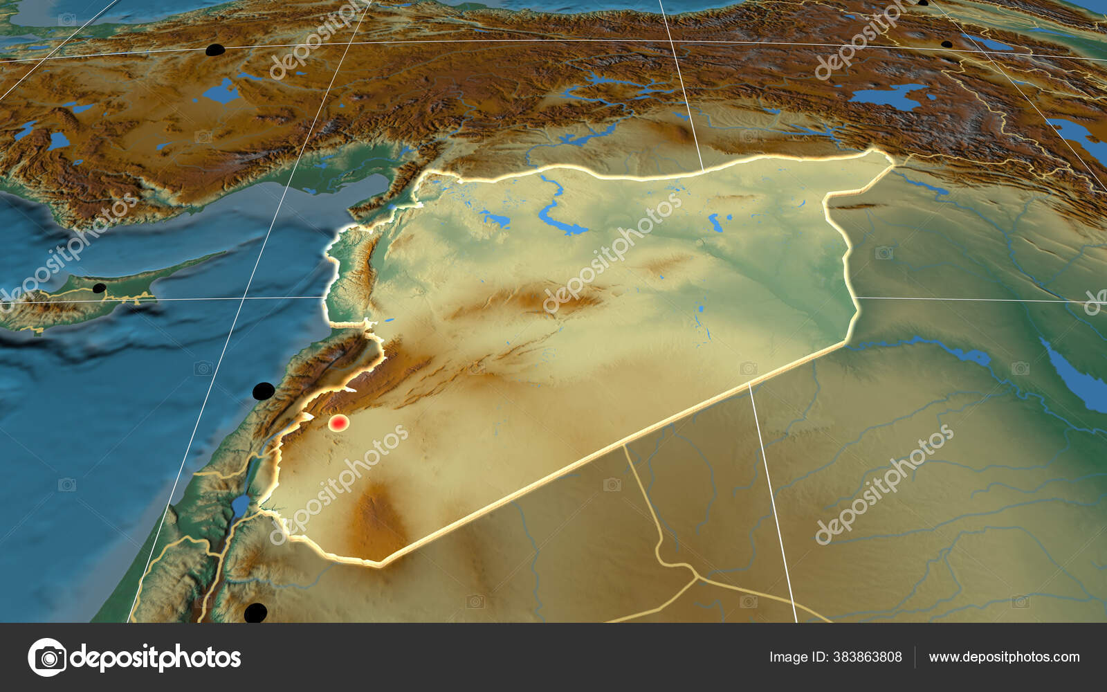 Syria Extruded Relief Orthographic Map Capital Administrative Borders ...