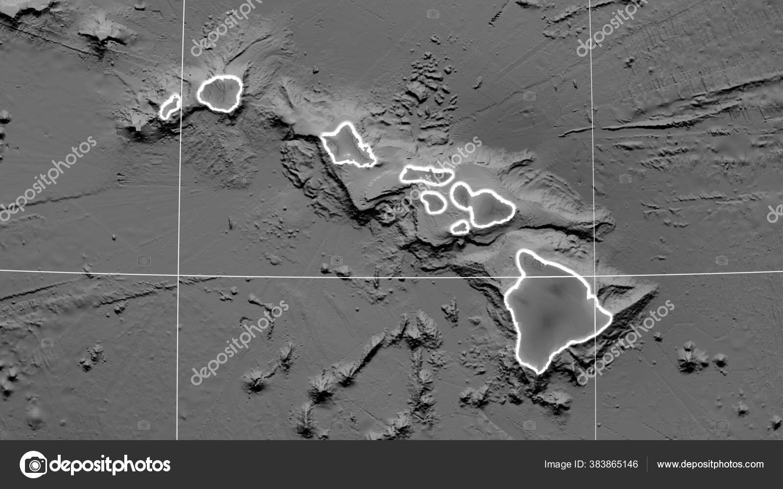 Hawaii Outlined Grayscale Orthographic Map Capital Administrative ...