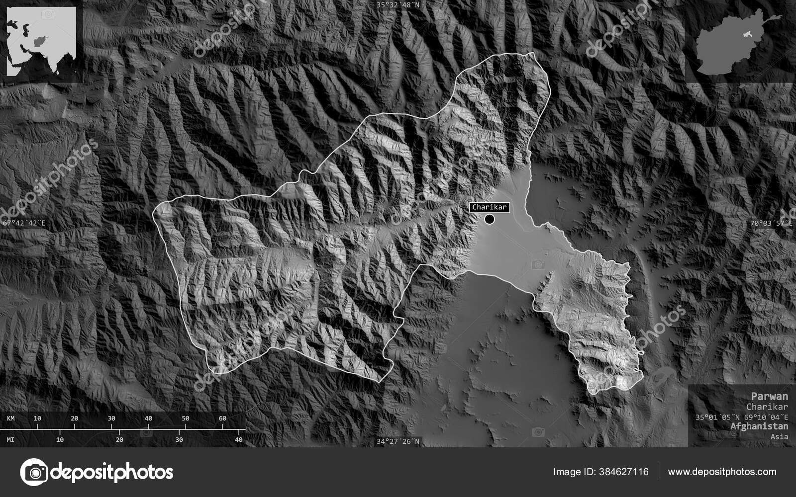 Parwan Province Afghanistan Grayscaled Map Lakes Rivers Shape Presented ...