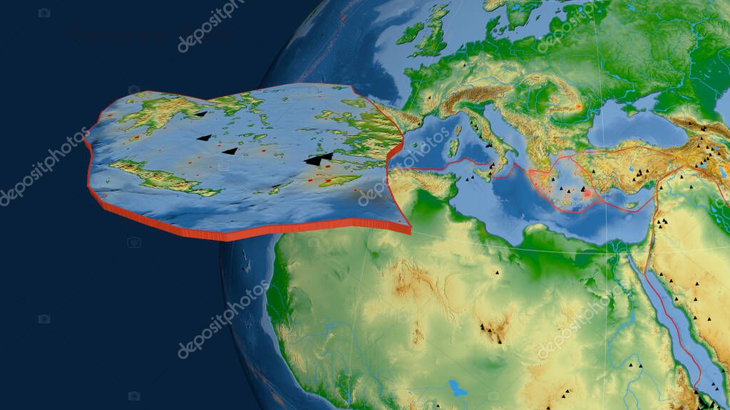 Placa tect nica del Mar Egeo extruida y presentada contra el globo. mapa f sico a color ...