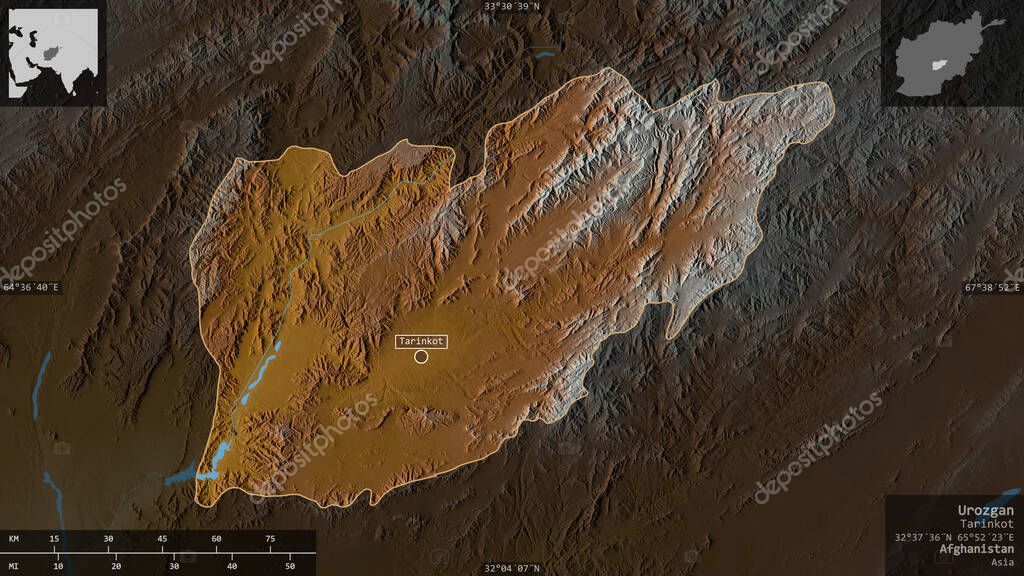 Urozgan, provincia de Afganistán. Relieve de colores con lagos y ríos ...