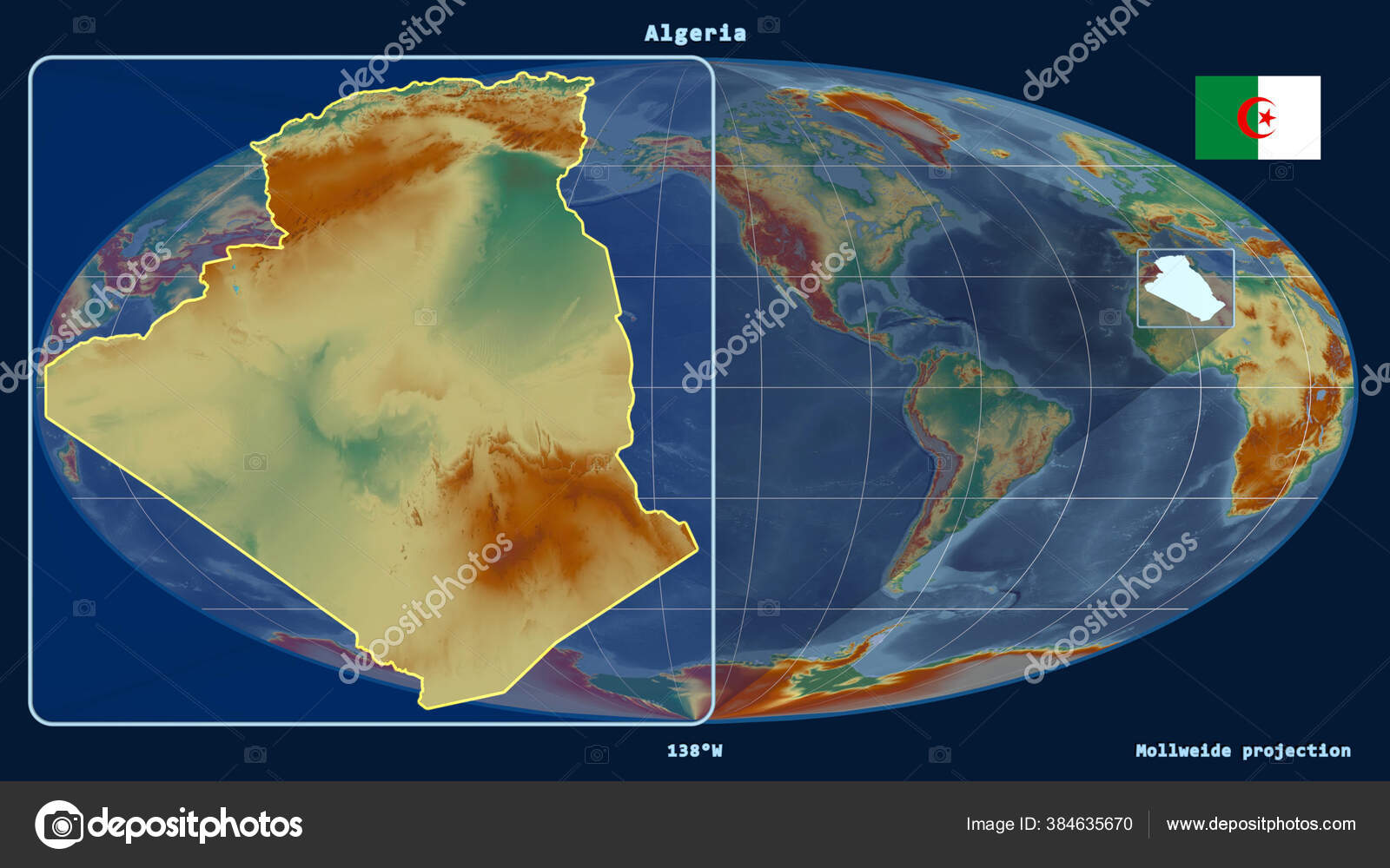 Zoomed View Algeria Outline Perspective Lines Global Map Mollweide ...