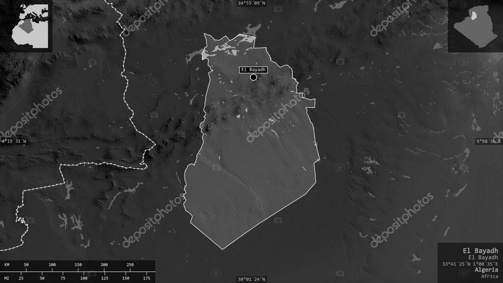 El Bayadh, provincia de Argelia. Mapa a escala de grises con lagos y ...